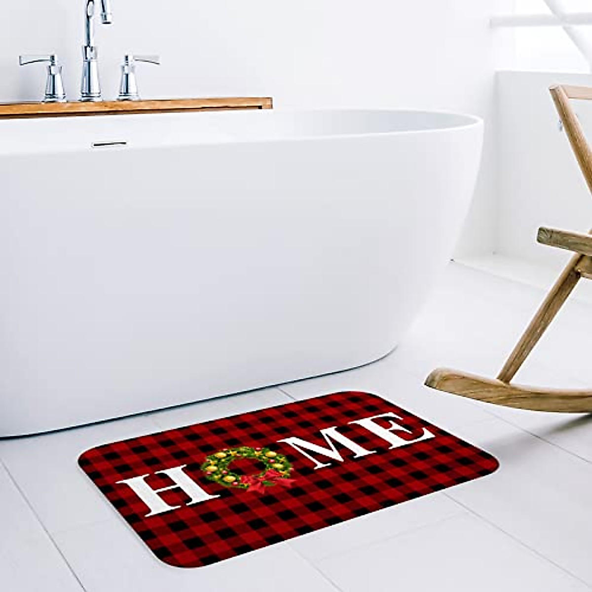 Prironde Front Door Mats Outdoor Indoor Kitchen Mat, Black Red Plaid Green Christmas Wreath Red Bow Xmas Home Entrance Doormat Non-Slip Bathroom Rugs Washable Floor Mats for Sink/Porch, 16" x 24"