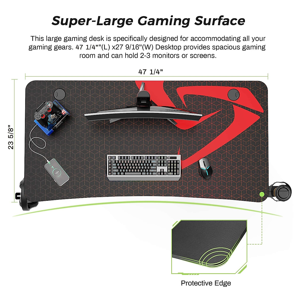 Eureka Ergonomic Gaming Desk, 47 inch Home Office Computer PC Gamer Desk Table with Full Mouse Pad Cup Holder, Headphone Hook and Handle Rack with USB Charging Ports, Black