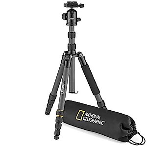 NATIONAL GEOGRAPHIC Travel Tripod Kit,90°Column 5-Section Legs, Carbon Fiber, Compatible with Canon, Nikon DSLR, Twist Locks 360 Degree Ball Head,Quick Release Plate, 8KG Load Capacity with Carry Bag