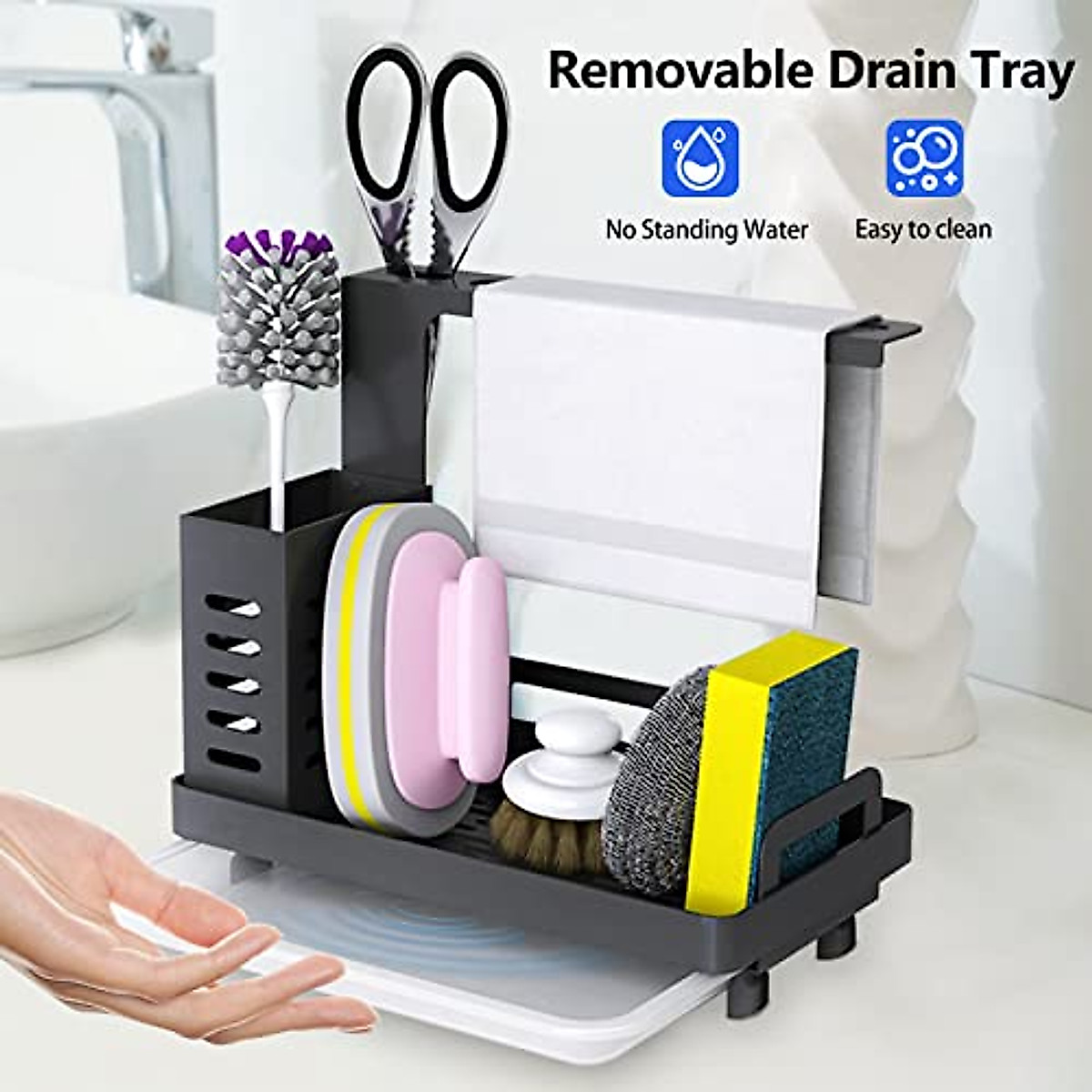 Sink Caddy Kitchen Sink Organizer, Stainless Steel Kitchen Caddy Sink Organizer with Removable Drain Tray for Soap, Sponge, Scrubber, Brush and Dishcloth, Rustproof Countertop Kitchen Sink Organizer