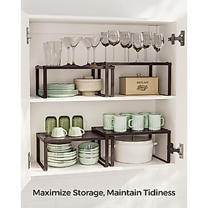 SONGMICS Cabinet Shelf Organizer, Stackable, Expandable, Set of 4 Metal Kitchen Counter Shelves, Brown UKCS06BR