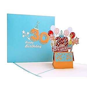 iGifts And Cards Happy 30th Blue Birthday Party Box 3D Pop Up Greeting Card - Thirty, Awesome, Cute, Congrats, Unique, Gift, Presents, Celebration, Feliz Cumpleaños, Balloons