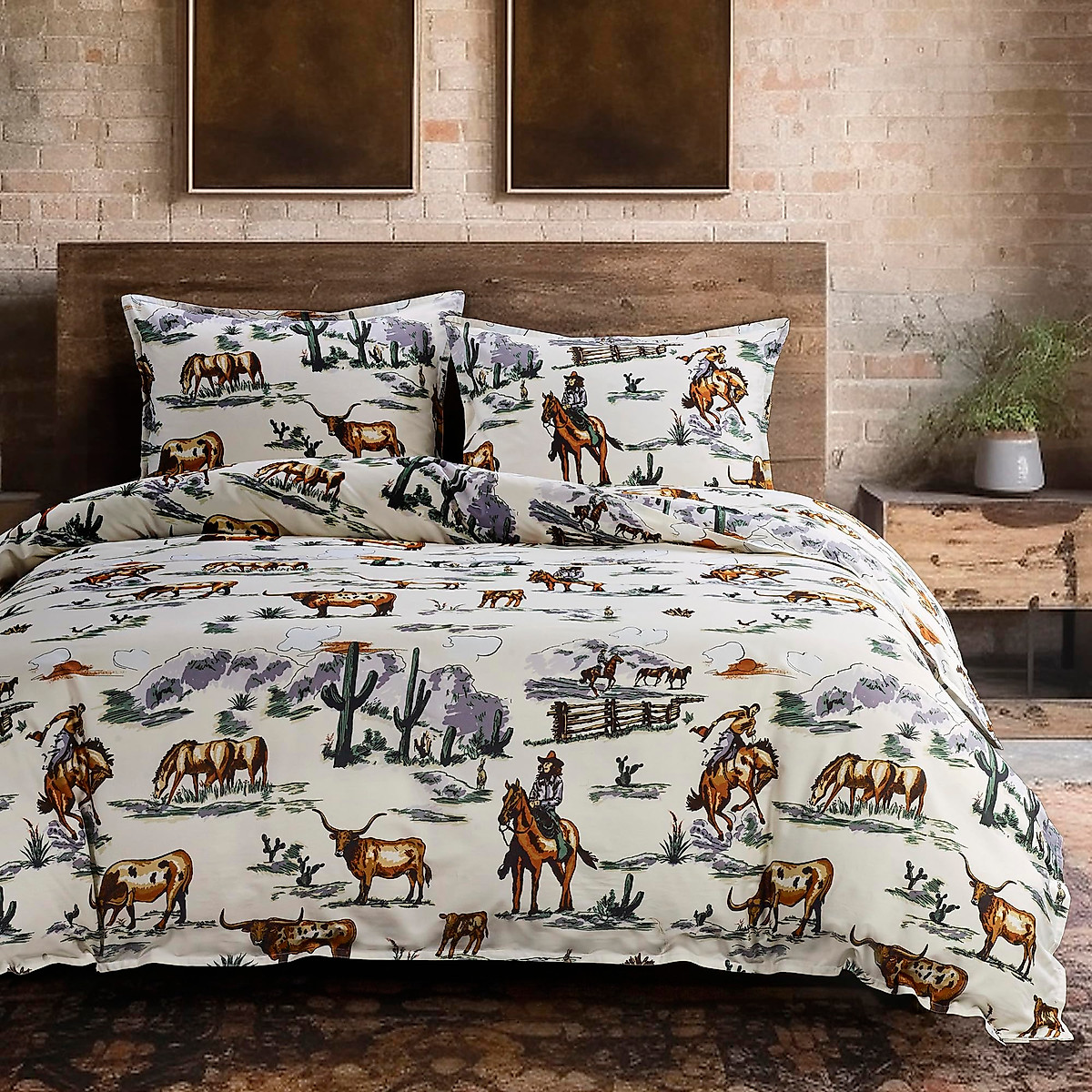 Paseo Road by HiEnd Accents Ranch Life Western Bedding 3 Piece Queen Duvet Cover Set, Cotton Cowboy Longhorn Horse Print Western Bed Set, Rustic Southwestern Comforter Cover Set with Pillow Shams