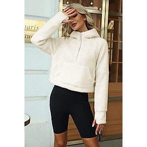 Womens Fleece Hoodies Half Zipper Sherpa Hooded Pullover Crop Long Sleeve Zip Up Jacket Coats Beige