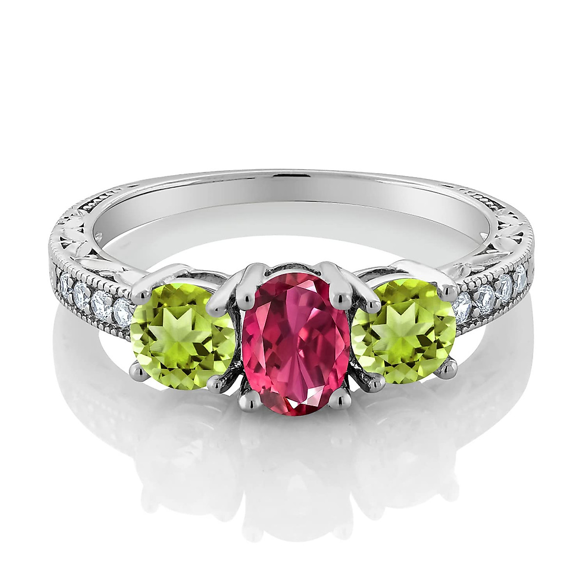 Gem Stone King 925 Sterling Silver Oval Pink Tourmaline Green Peridot and Moissanite Women Ring (2.07 Cttw, Gemstone Birthstone, Available In Size 5, 6, 7, 8, 9)