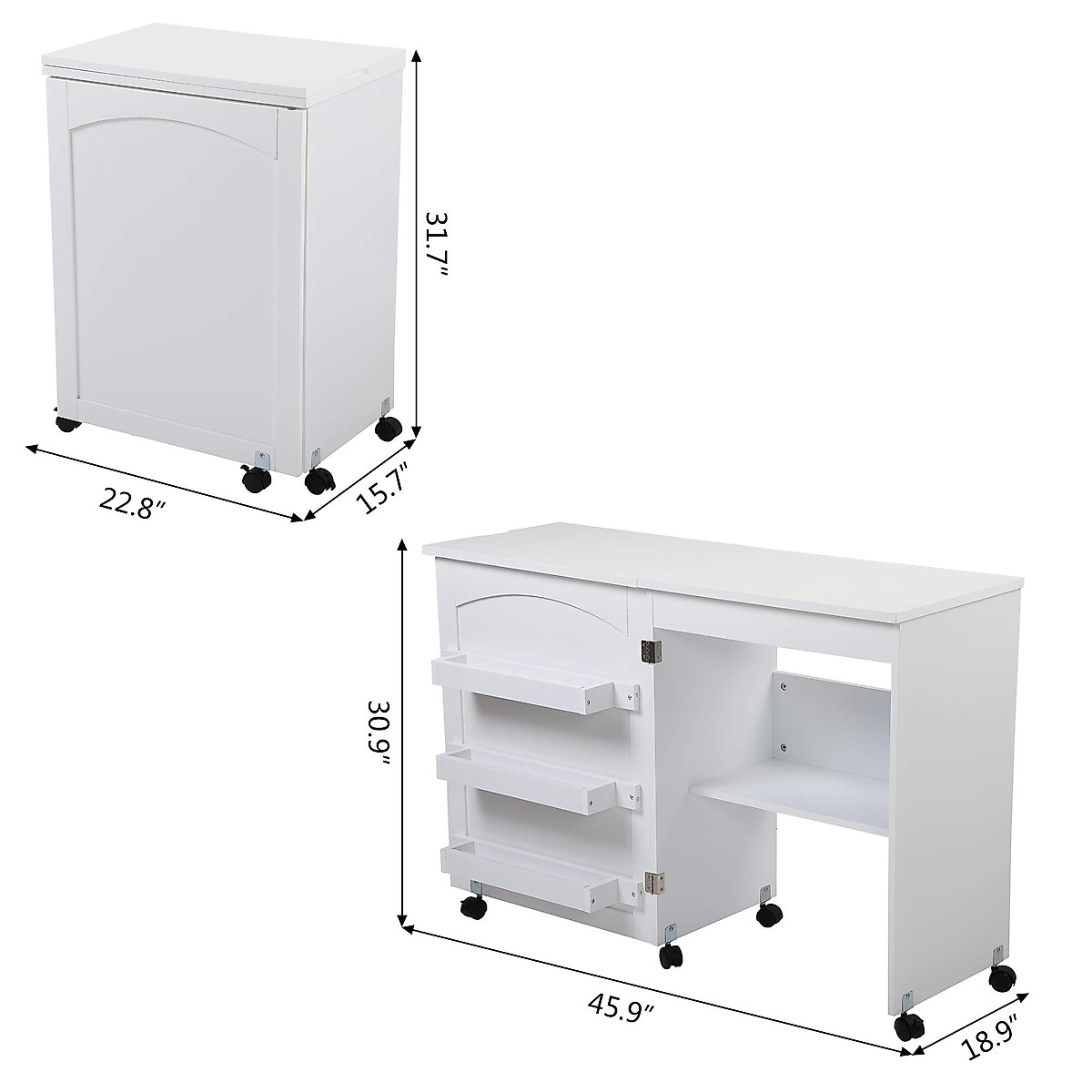 ANNECOSK Folding Sewing Table, Sewing Machine Craft Table with Storage Cabinet Shelves, Lockable Wheels, Adjustable Portable Rolling Sewing Desk for Apartment Small Spaces, White