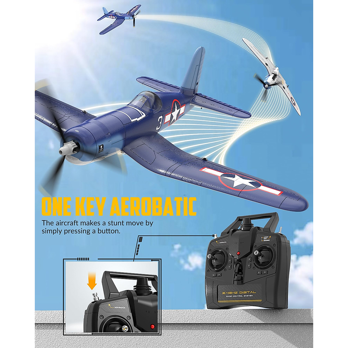 VOLANTEXRC RC Plane for Beginners, 4CH WWII RC Airplane F4U Corsair with Aileron, 2.4Ghz Remote Control Plane with Xpilot Self Righting&One Key Aerobatic&Upgraded Canopy (761-8V2 RTF)