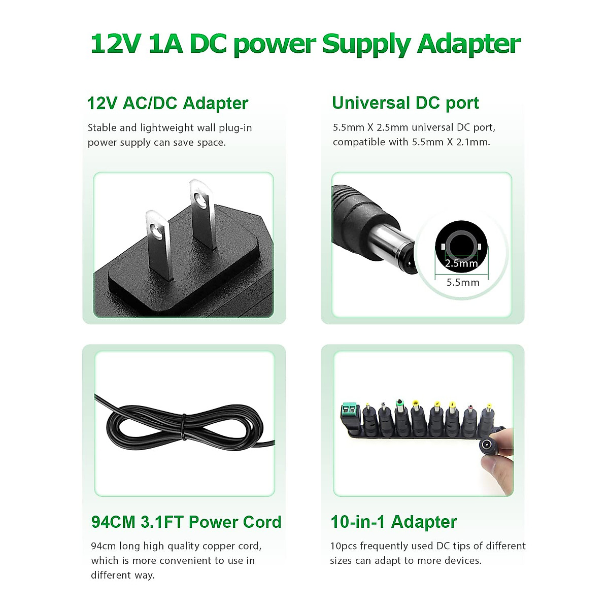 Arkare 12V 1A AC/DC Power Supply Adapter 12Volt Replacement Power Cord Wall Charger AC 100V-240V to DC 12Volt 1Amp 0.5A Transformer for Security Camera BT Speaker GPS Webcam Router Scanner with 10TIPS