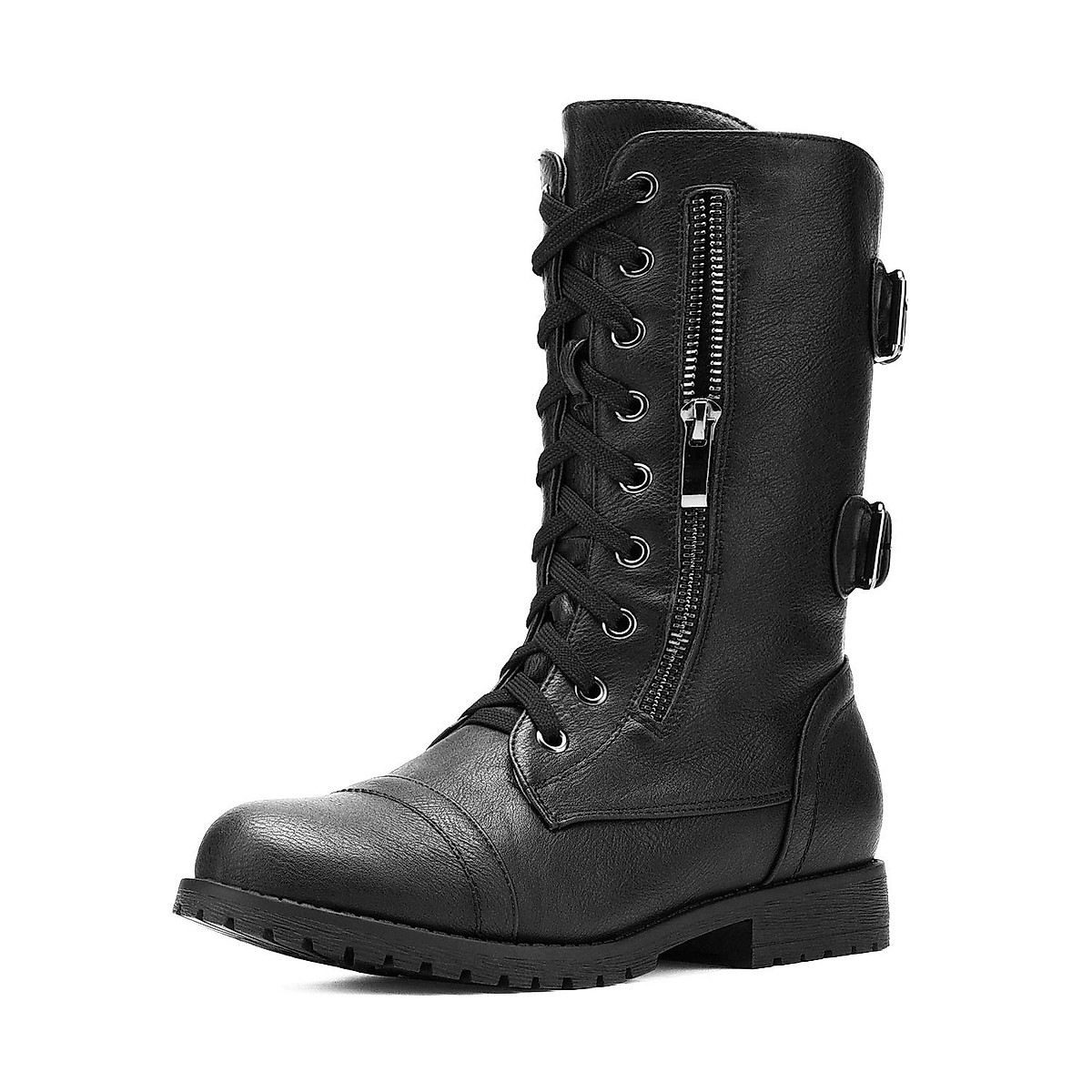 DREAM PAIRS Women's Combat Boots, Mid Calf Built-in Wallet Pocket Lace up Military Ankle Booties,Size 6.5,Black,TERRAN