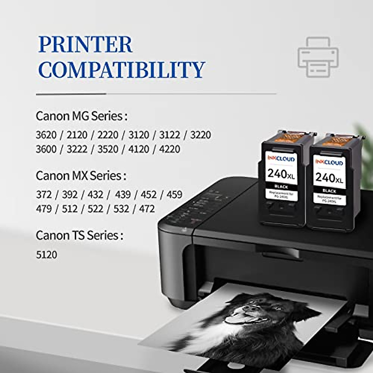 INKCLOUD PG-240 XL Black Ink Cartridge Compatible with Canon 240 240XL PG-240XL Work with Pixma MG3600 MG3222 MG3220 MG3620 MX432 MG3122 TS5120 MG2120 MX452 MG2220 MG3120 MX522 MG4220 Printer 2Black