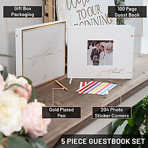 Wedding Guest Book - 8" x 10" Keepsake Guest Book for Party, Anniversary, Retirement, Graduation Sign-in & Photos with 2 Multi-Colored Photo Sticker Sheets, Golden Pen and Bookmark
