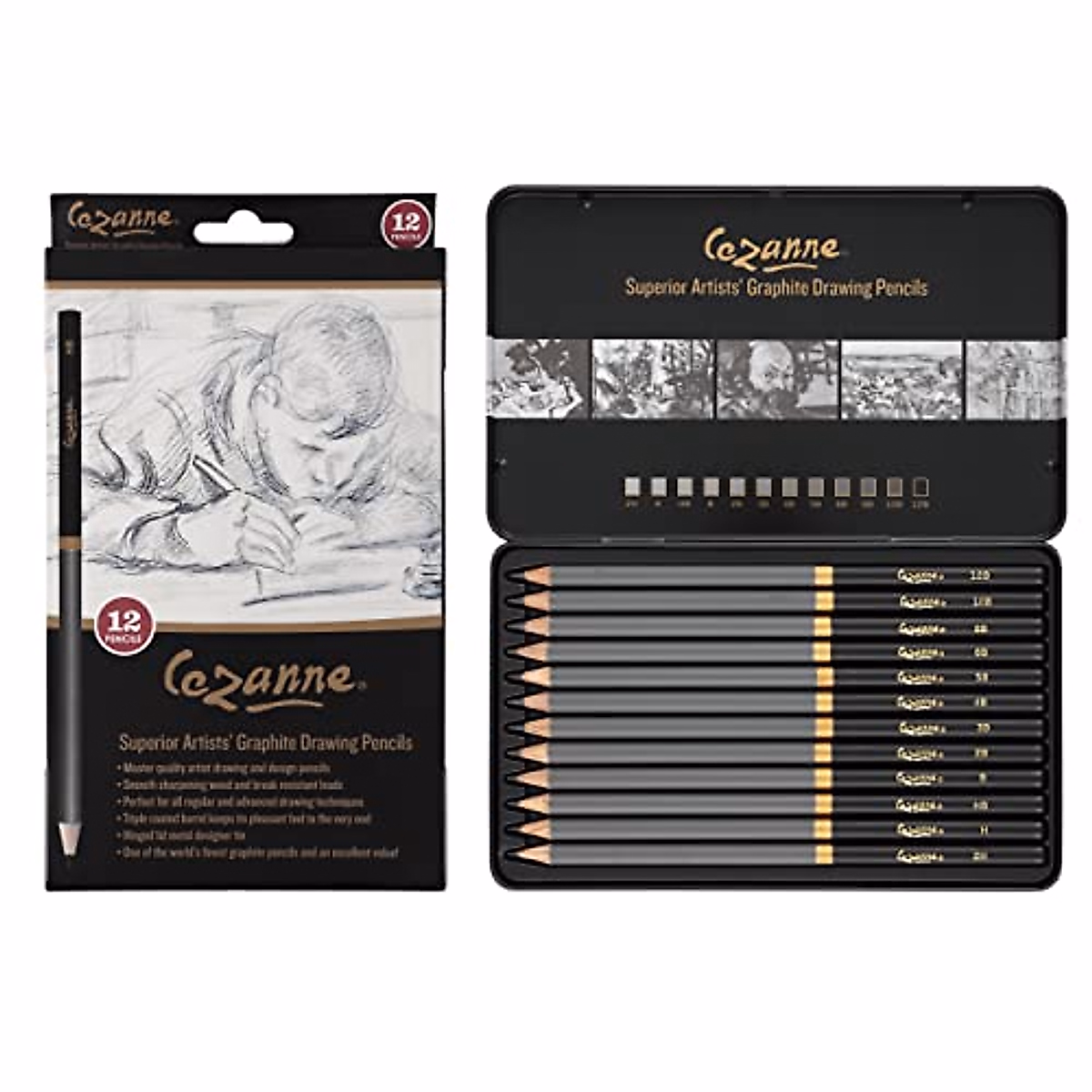 Cezanne Graphite Artist Drawing Pencil Set of 12 Professional Quality for Sketching & Shading, Break Resistant Pre-sharpened Leads, Triple Coated Matte Finished Wood-cased Barrel, Travel Storage Tin