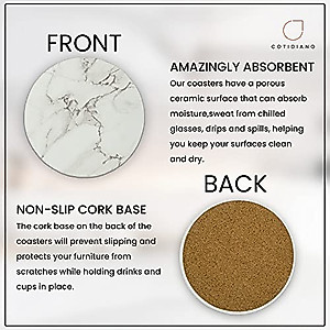 COTIDIANO Round Absorbent Coasters for Drinks - 6pcs Ceramic Coaster Set with Holder - White Marble Coaster Design with Non Slip Cork Base