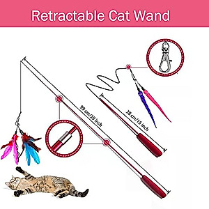 OODOSI Cat Toy Wand, Retractable Cat Feather Toys and Replacement Refills with Bells, Interactive Cat Toys for All Kind of Cat Kitten