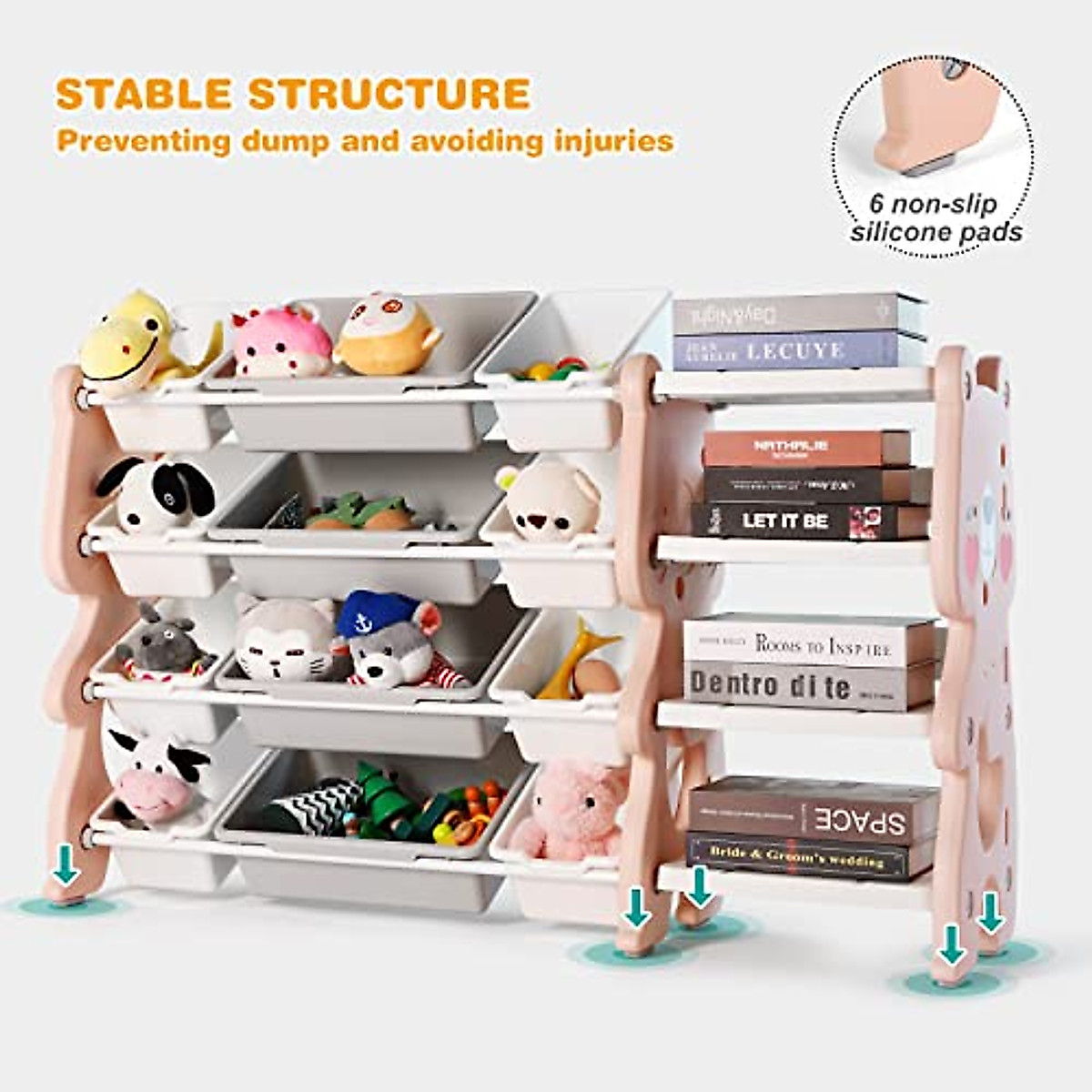 JOYLDIAS Kids Toy Storage Organizer with 4-Tier Shelf and 12 Removable Bins for Boys Girls Children's Room, Nursery, 47.2''x13.8''x33'', Pink