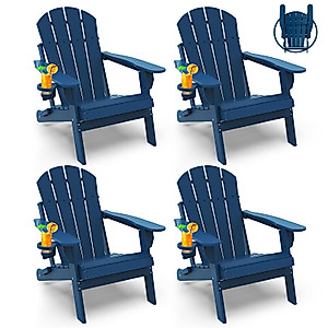 GREENVINES Folding-Adirondack-Chairs-Set-of-4 | HDPE Plastic | Fire Pit Chair | All Weather | Cup Holder | Blue | for Deck Backyard Patio Outdoor Garden