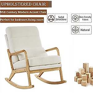 pazezog Rocking Chair,High Back Mid-Century Modern Accent Chair,Nursery Rocking Chair with Wooden Armrest,Upholstered Glider Rocker with Lumbar Pillow for Living Room