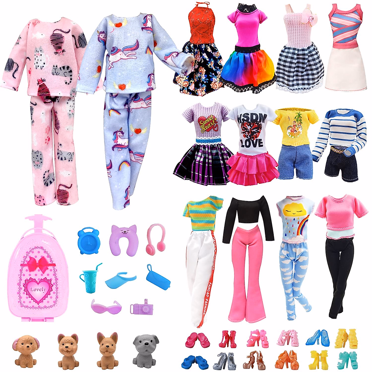 28 Pack Girl Dolls Clothes and Accessories, 2 Storytelling Pajamas, 3 Fashion Dresses, 3 Clothing Outfits, 10 Shoes, Travel Set for 11.5 inch Dolls, Mini School Supplies