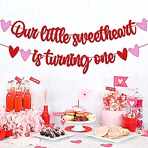 Valentine's 1st Birthday Banner Our Little Sweetheart is Turning One Heart Love Romantic Decorations for 1st One Year Old Kids Boy Girl Happy Bday Party Supplies