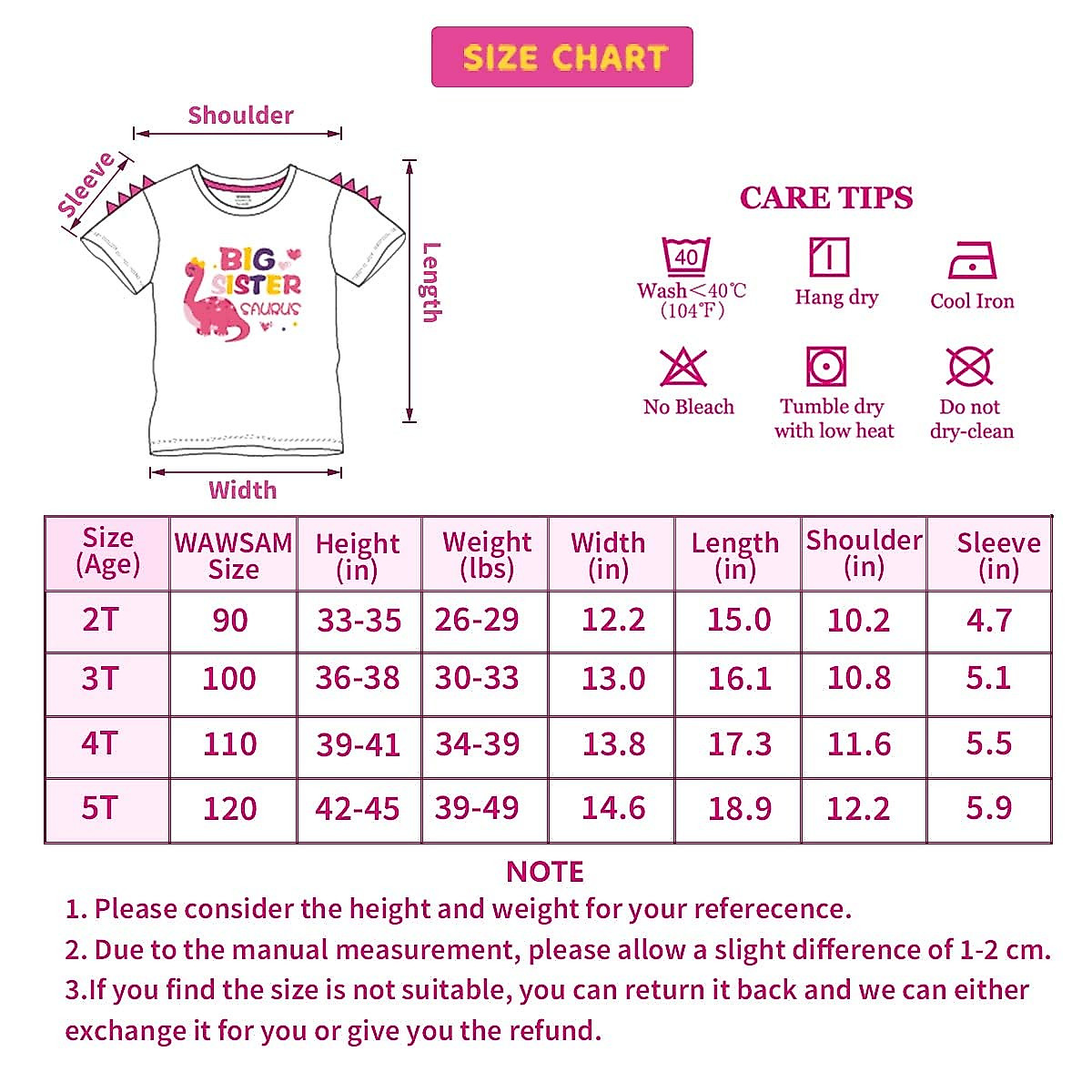 WAWSAM Dinosaur Big Sister Announcement T Shirt Promoted Outfits for Toddler Girls 100% Cotton Promoted to Big Sister Shirt (White, 2T)