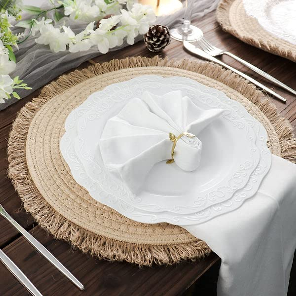 TABLECLOTHSFACTORY 4 Pack | 15" Round Natural Rustic Burlap Jute Placemats Fringed Edges, Farmhouse Placemats with Trim