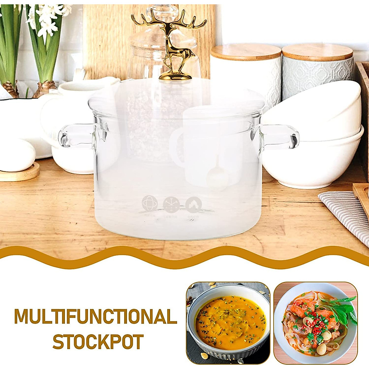 Glass Cooking Pot with Deer Cover - 1.4L/44oz Christmas Stovetop Cooking Pot with Lid Heat Resistant Glass Saucepan High Borosilicate Glass Cookware Stock Pot Simmer Pot Clear Soup Pot