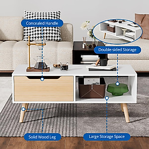Cozy Castle Modern Coffee Table, Wooden Cocktail Table with Storage, Minimalist Hallway Table, Mid Century Modern Coffee Table for Living Room Apartment Reception, White
