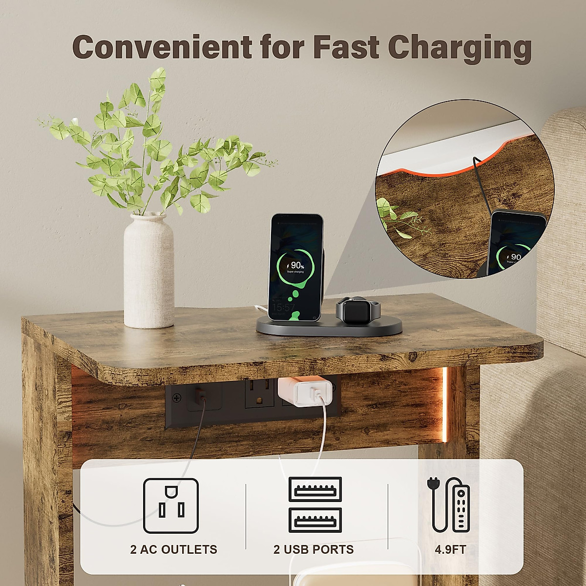 GYIIYUO Night Stands Set of 2 with Charging Station and Led Lights, Solid Wood Side Table with USB Ports and Outlets, Unique End Tables, for Bedroom, Rustic Brown