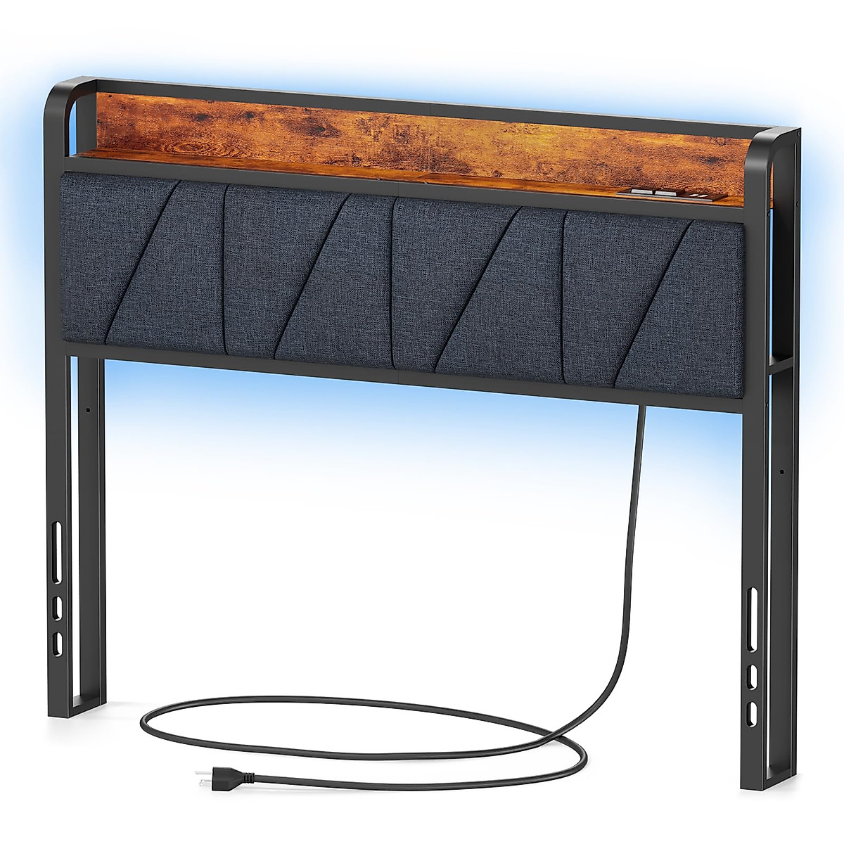 Furnulem LED Headboard with Open Storage Shelf,Black Upholstered Backrest Head Board for Full Size Bed Frame with Outlets, USB Ports,Sturdy and Stable Rack,Height Adjustable,Linen Fabric