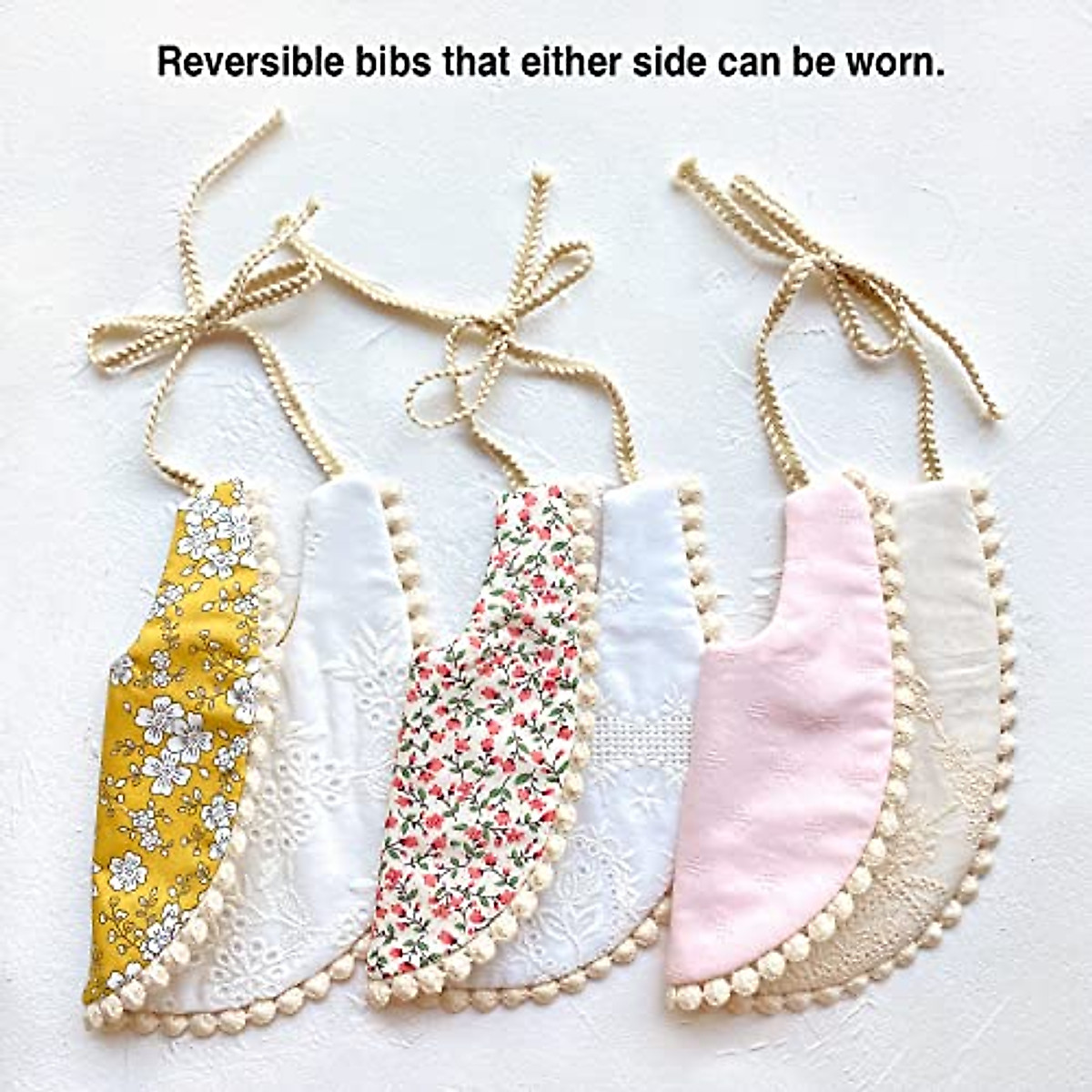 Cherssy Baby Girl Reversible Bibs with Crochet Lace, Floral Cotton Bibs, Handmade Drooling Bibs for Newborn Infant Toddler, 3 Pack