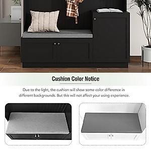 BNSPLY 59" Hall Tree with Bench and Shoe Storage, Modern Entryway Bench with Coat Rack and Cushion, Mudroom Bench with 2 Large Storage Cabinet,3 Metal Hooks and Top Shelves for Hallway (White)