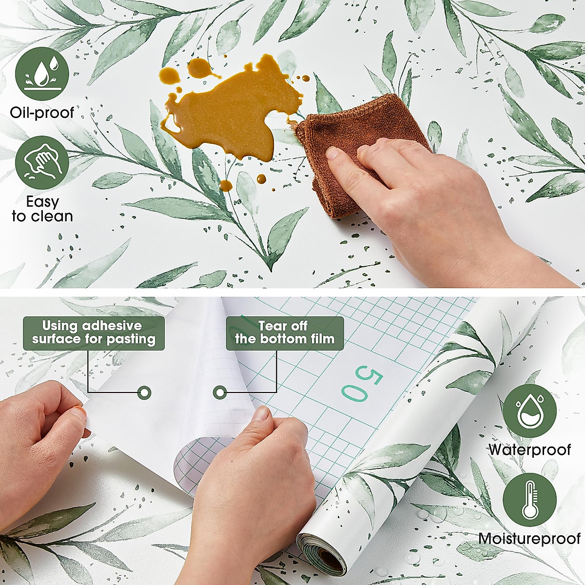 Beautyhero Peel and Stick Wallpaper 17.7 x118.1 Inch Olive Green Leaf Wallpaper Floral Contact Paper Bathroom Vinyl Removable Modern Farmhouse Sage Green Wall Paper Self Adhesive Neutral Wallpaper
