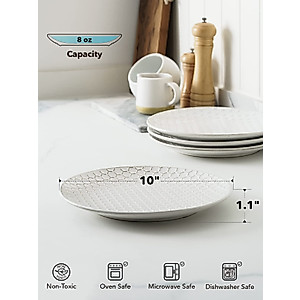LE TAUCI Dinner Plates 10 Inch, Ceramic Dish Set for Kitchen, Embossed Serving Dish, Microwave Oven Dishwasher Safe, For Housewarming or Wedding - Set of 4, Arctic white