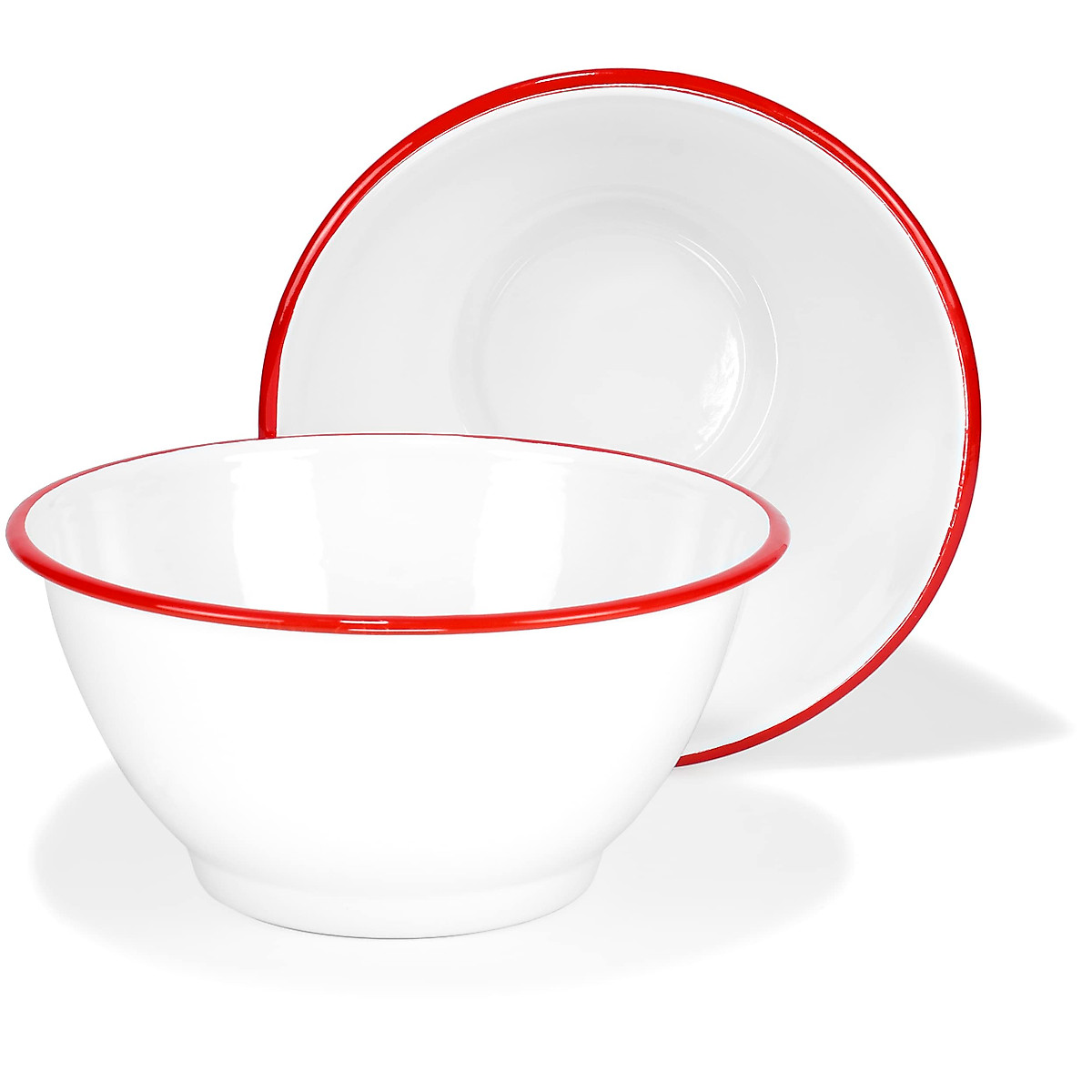 Red Co. Set of 2 Enamelware Metal Large Classic 4 quart Round Salad Serving Bowl, Solid White/Red Rim