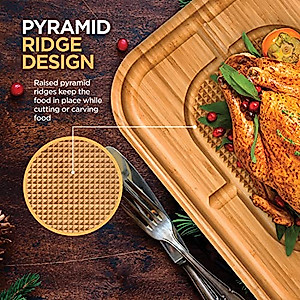 Meat Cutting Board with Juice Groove - Heavy Duty Bamboo Butcher Block Cutting Board - Large Wooden Kitchen Carving Board with Pyramid Design to Stabilize Meat - Reversible Design for Slicing Chopping