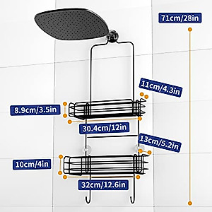 EAEREGS Shower Caddy Hanging Over Shower Head, 2-1 Black Stainless steel Shower Shelf With 2 Vintage Hooks and 1 Pack Adhesive Soap Dishes (Matte Black)
