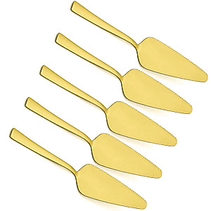 Matte Gold Pie Server Set of 5, E-far 8.9 Inch Stainless Steel Cake Server Cutter for Pastry Cheese Pizza, Serrated Edge with Square Handle