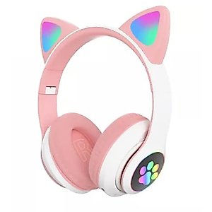Cute Cat Headphone with Wireless BT Noise Cancelling Microphone & LED Lights- Pink