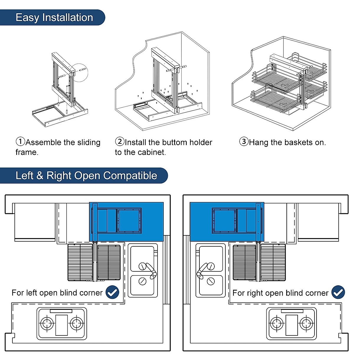 VADANIA Blind Corner Pull Out Organizer for 36" Cabinet, Left Open & Right Open Compatible, Min Opening 15", 2-Tier Pull-Out Basket, Soft Close, Bottom Mount