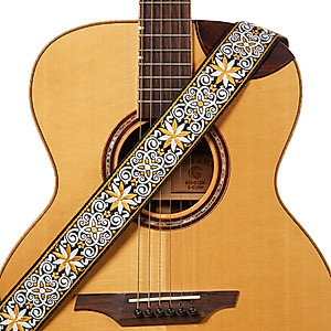 AMUMU Hootenanny Embroidery Guitar Strap Yellow Cotton for Acoustic, Electric and Bass Guitars with Strap Blocks & Headstock Strap Tie - 2" Wide