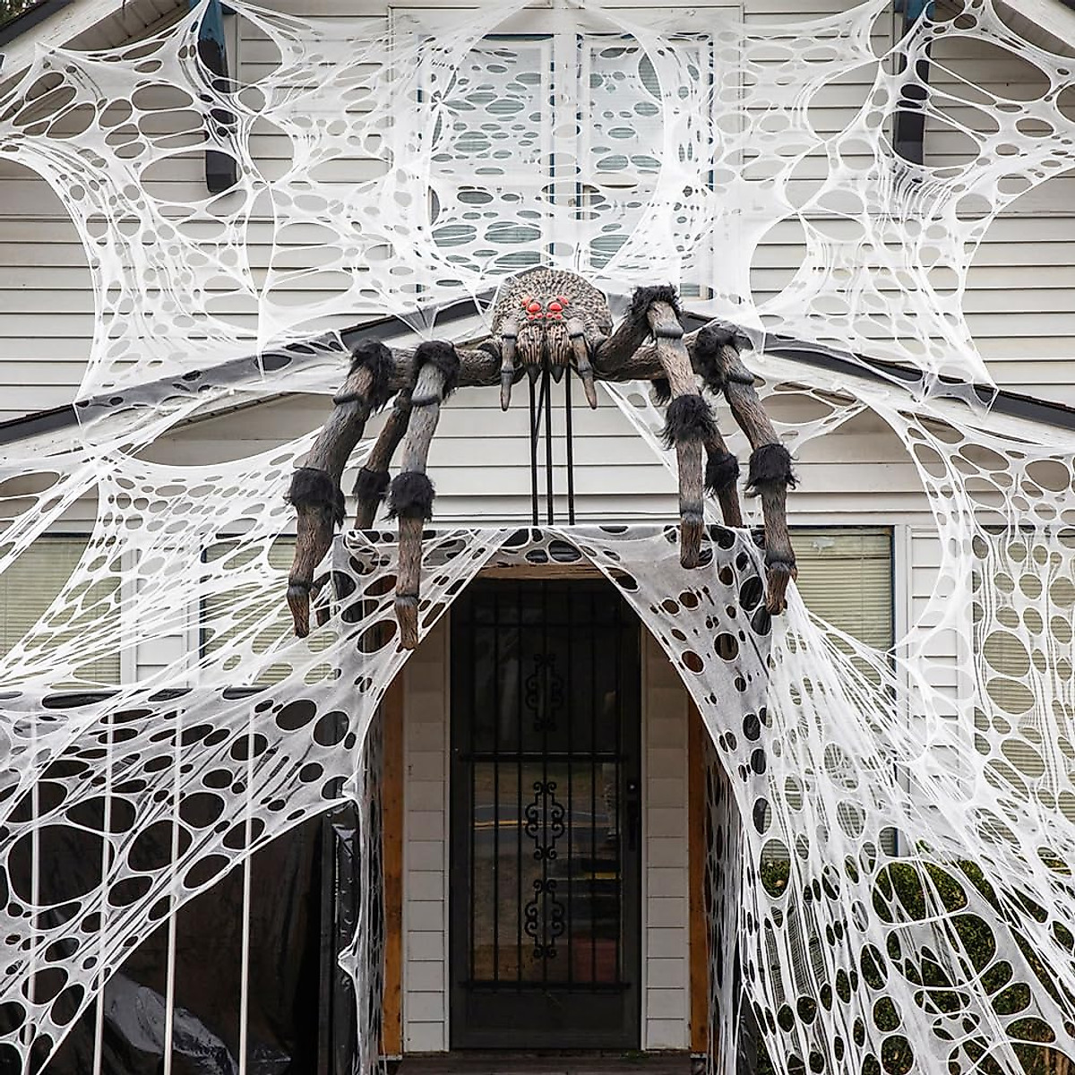 AKEROCK Giant Spider Webs Halloween Decorations Outdoor, Stretchy Gauze Cobwebs, Cut-Your-Own Fake Spider Webbing for Halloween Decor Outside House - White