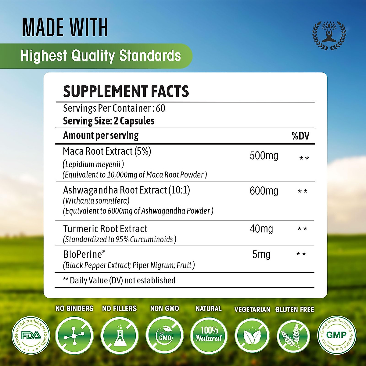 Maca Root 10,000 mg, Ashwagandha 6000mg Extract, Capsules for Men & Women with Turmeric Curcumin and Bioperine 120 Capsules Made in USA