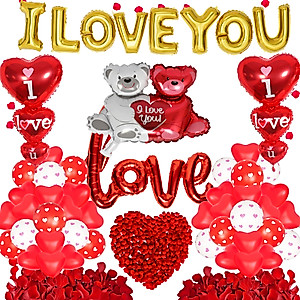 Valentines Day Balloons Decorations I Love You Balloons and Heart Balloons Kit with 1000Pcs Red Silk Rose Petals Flower Decoration Love-Bear Heart Print Balloons Banner for Valentine Party Decorations
