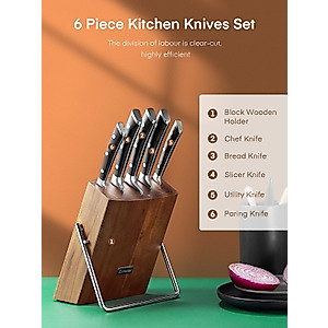Knife Set, D.Perlla 6 Pieces Small Kitchen Knife Set with Block, German Stainless Steel Knives Set, Sharp Chef Knife Block Set, Brown
