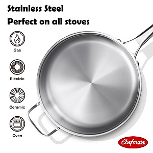Chefmate Saute Pan,5 Quart Saute pan,Stainless Steel Cookware,Stainless Steel skillet,12 inch Stainless Steel Saute Pans with Lid,Dishwasher and Oven Safe, Works on All Cooktops