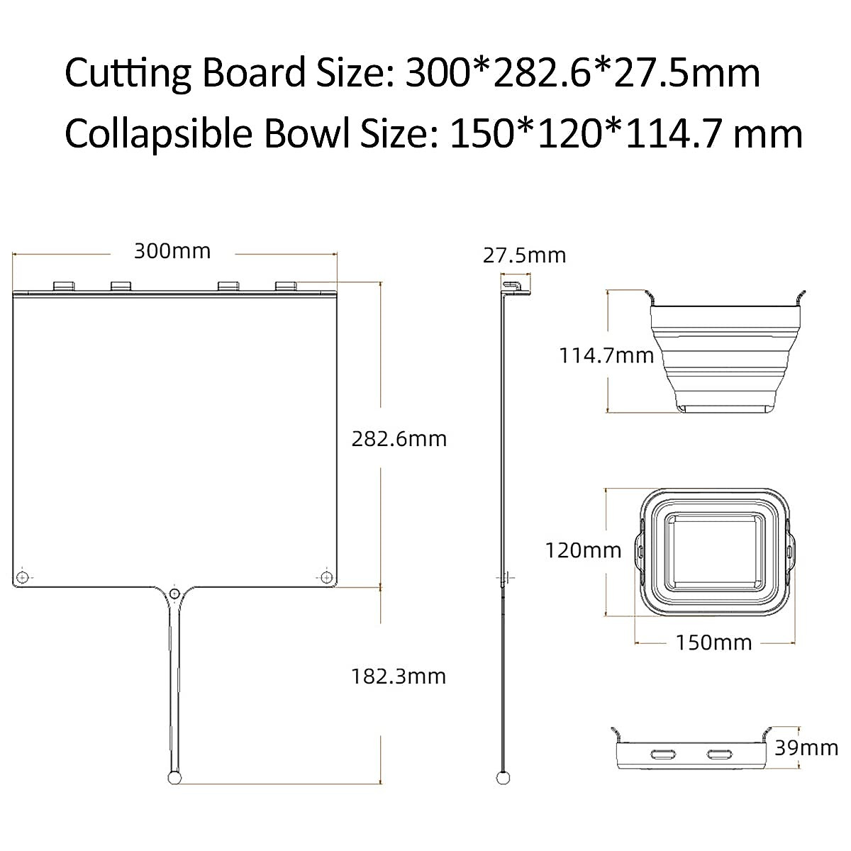 Coolnice Collapsible Silicone Cutting Board Portable Slip Resistant Cutting Mat with 2 foldable bowls for Home Kitchen Picnic Camping-White