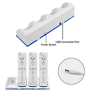 Upgraded Wii Remote Controller Covanm 4 Port Wii Charging Station with 4 Rechargeable Battery for Wii (4 Port Charging Station+4 Replacement Batteries+USB Cable+Free USB Wall Charger