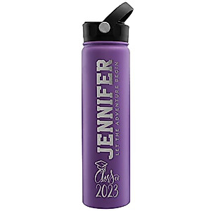 Graduation Gifts - Personalized Water Bottle w Straw Lid, Custom 6 Designs Water Bottle w Name | 24 oz - Purple | Double Wall, Vacuum Insulated, Class of 2023, High School, College Gifts