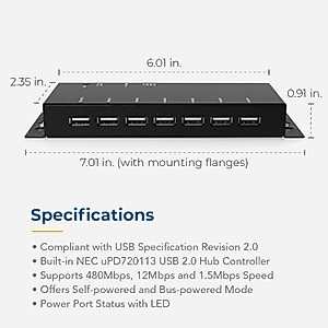 Metal 7-Port USB 2.0 Powered Hub for PC-MAC with Power Adapter