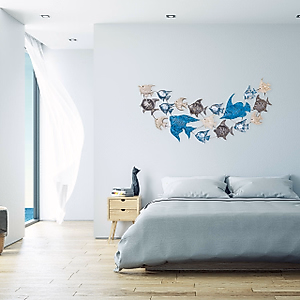 MODERNIST HOME School of 18 Fish Wall Art, Crescent, Vivid Blue with Shimmery Silver, Muted Grey and Beige Paint, Iron, 5 Feet Wide (2.75 L x 59 W x 31.5 H Inches) Home Wall Decor